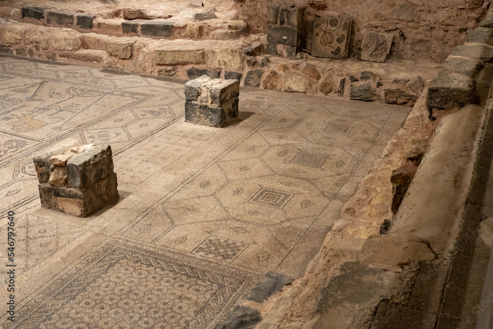 A well-preserved mosaic on the floor of a ruined synagogue in the ...