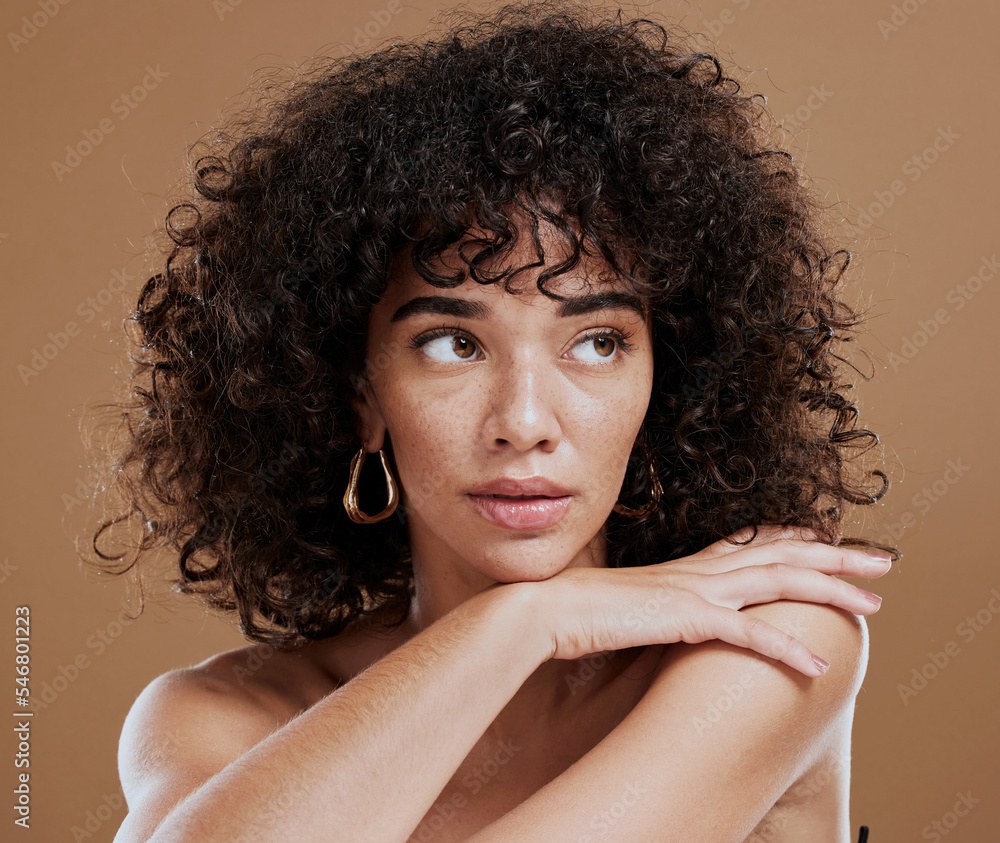 Beauty, skincare and natural hair of woman in studio for cosmetics ...