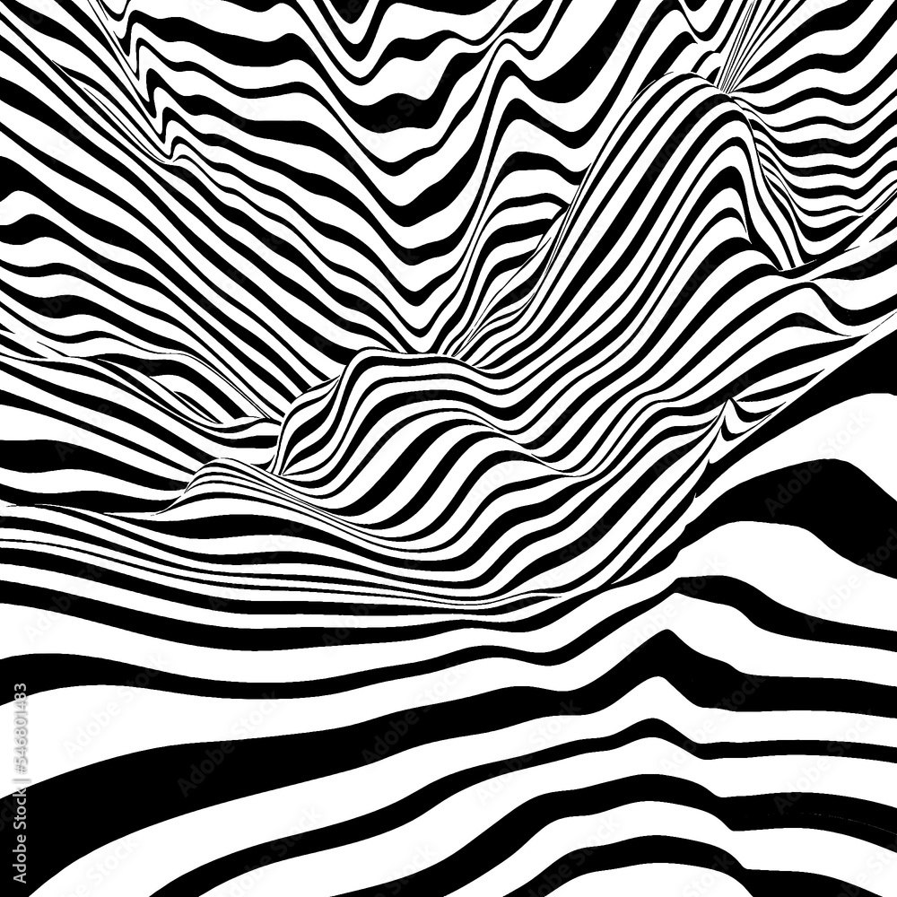 Abstract wave of white and black curved lines. Hallucination distorted ...