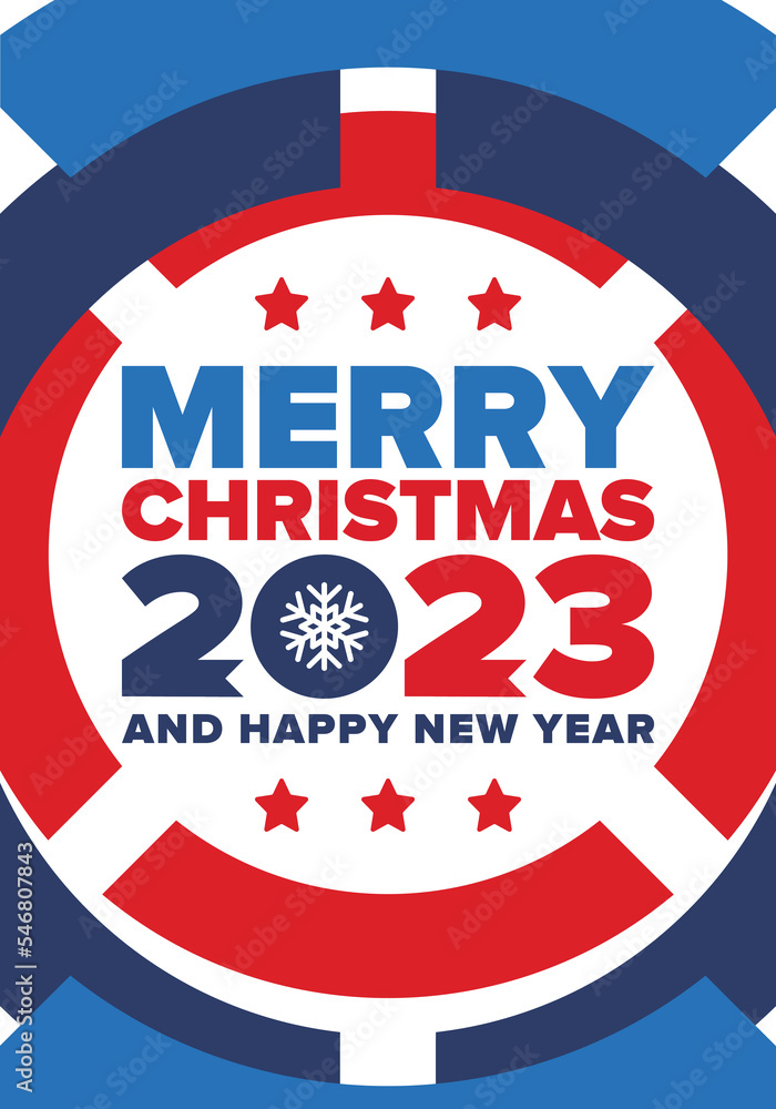 Merry Christmas and Happy New Year 2023. Magic holiday poster with ...