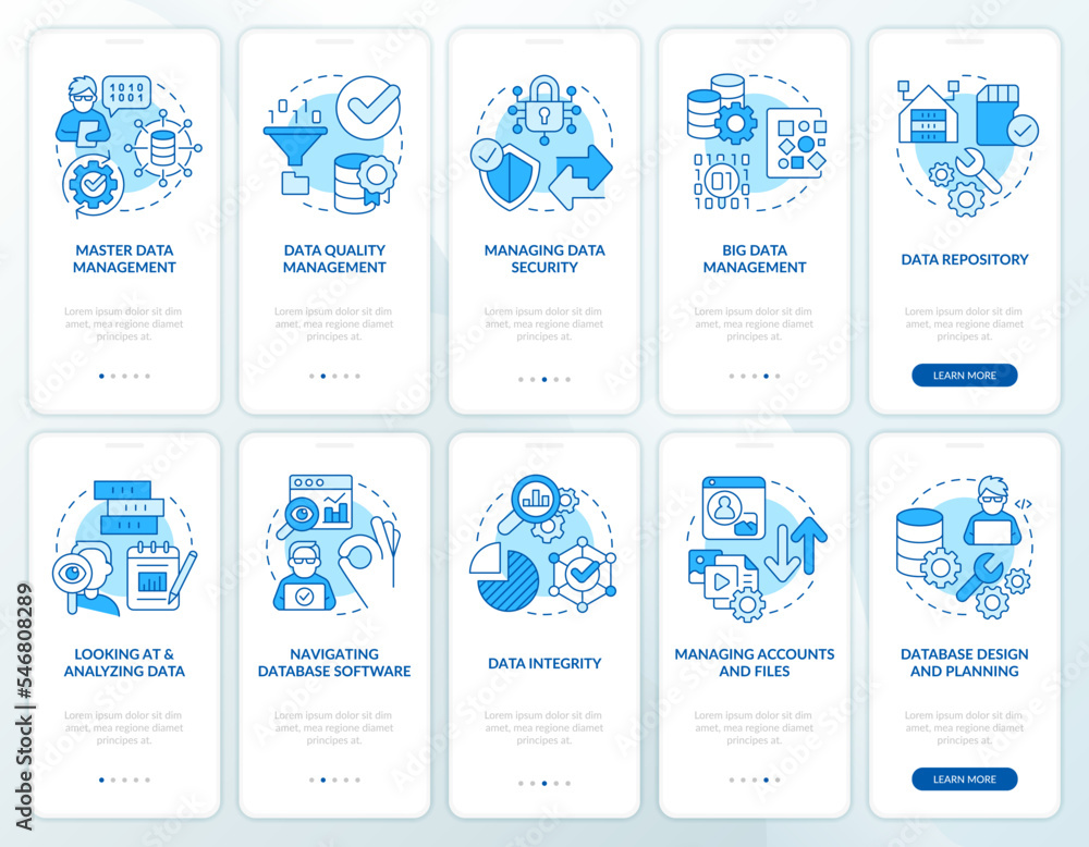 Data Regulation Process Blue Onboarding Mobile App Screen Set Walkthrough 5 Steps Editable