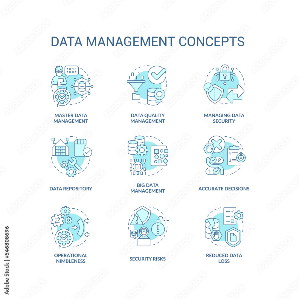 Data management turquoise concept icons set. Information governance ...
