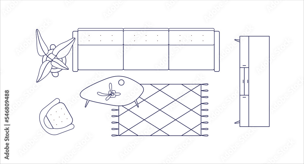 Living room, outlined interior design, top view. Overhead lounge ...