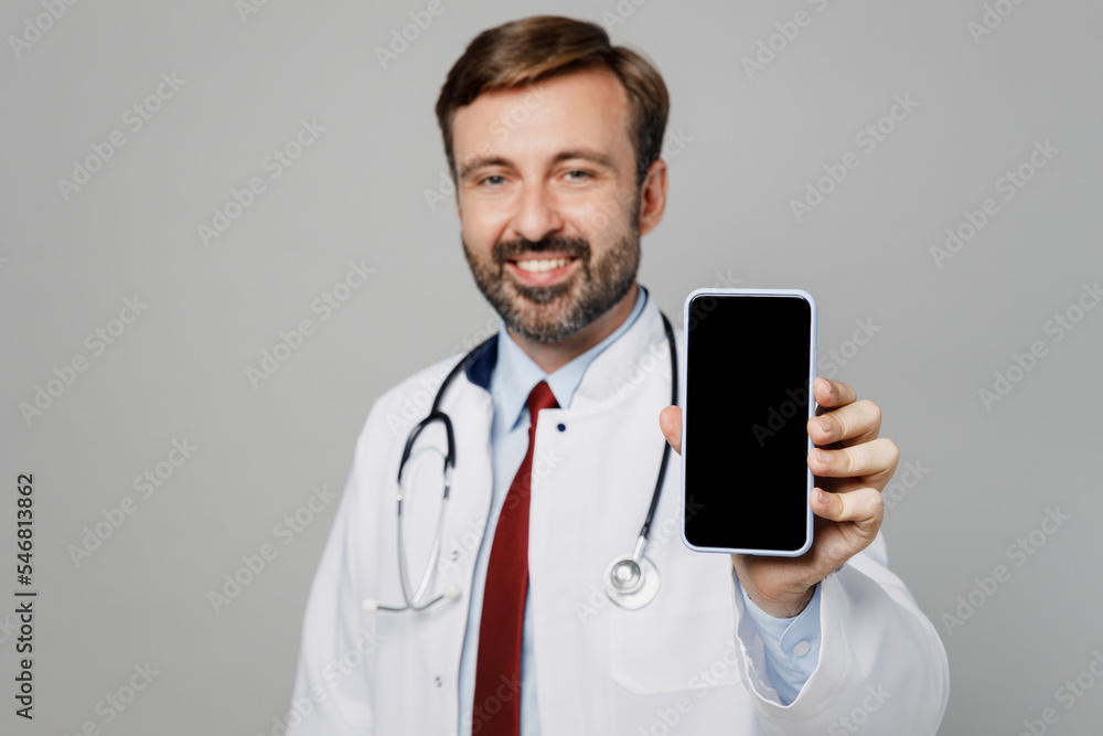 Male doctor man wears white medical gown suit stethoscope work in ...