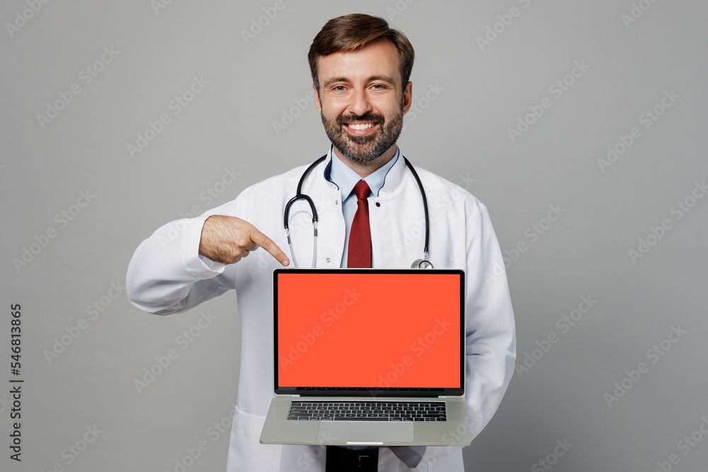 Male doctor IT man wears white medical gown suit work in hospital hold ...