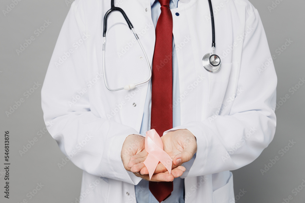 Cropped, male doctor man wears white medical gown suit work in hospital ...