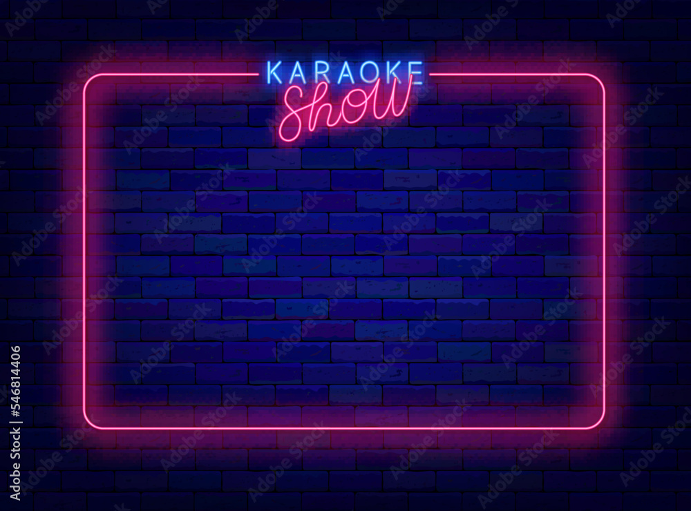 Karaoke show neon advertising template. Music bar and talent concert ...