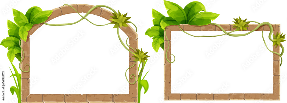 Set Stone brick arch frame border jungle decorated with liana, tropical ...
