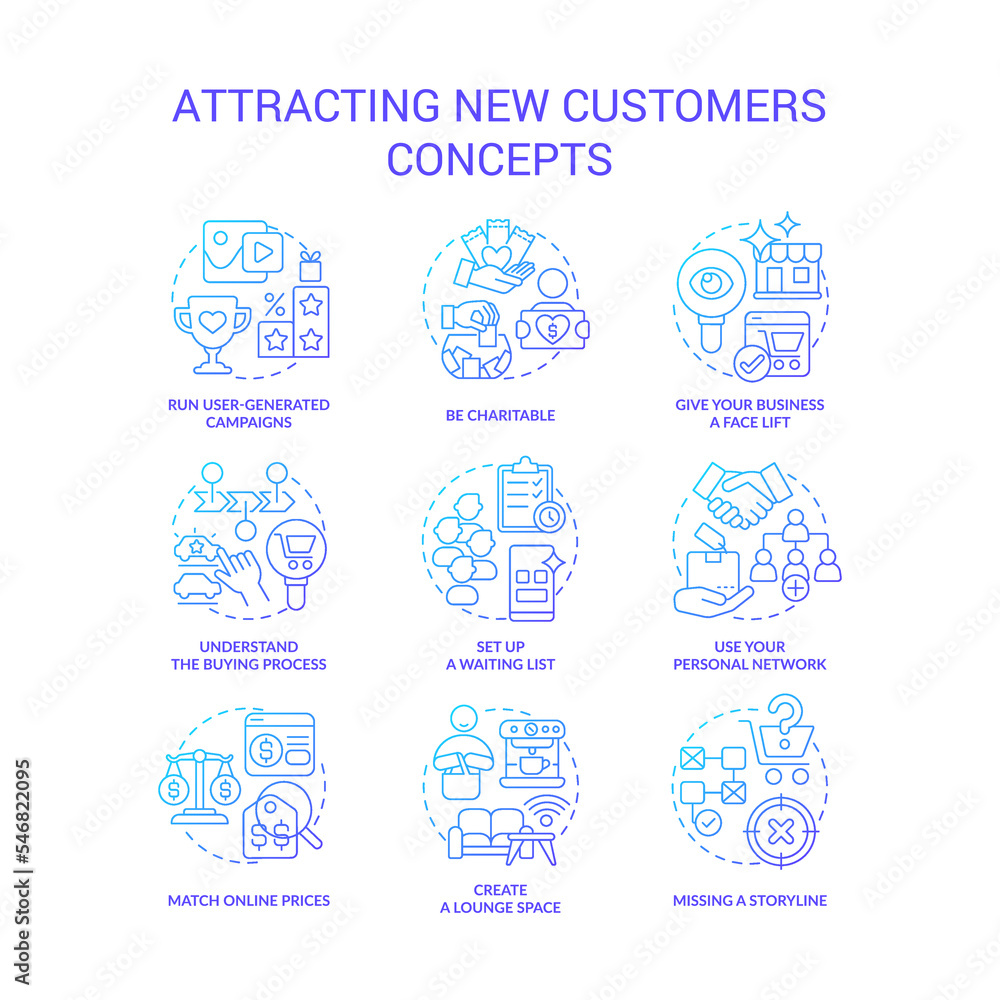 Attracting new customers blue gradient concept icons set. Finding ...