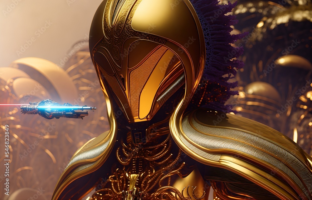 futuristic alien astronaut in golden suit with a gold face mask and ...