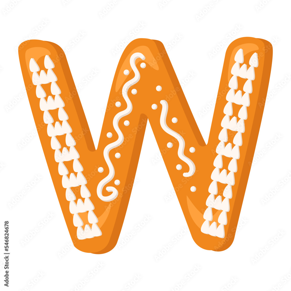 Letter W made from glazed gingerbread. Festive font, symbol of Happy ...