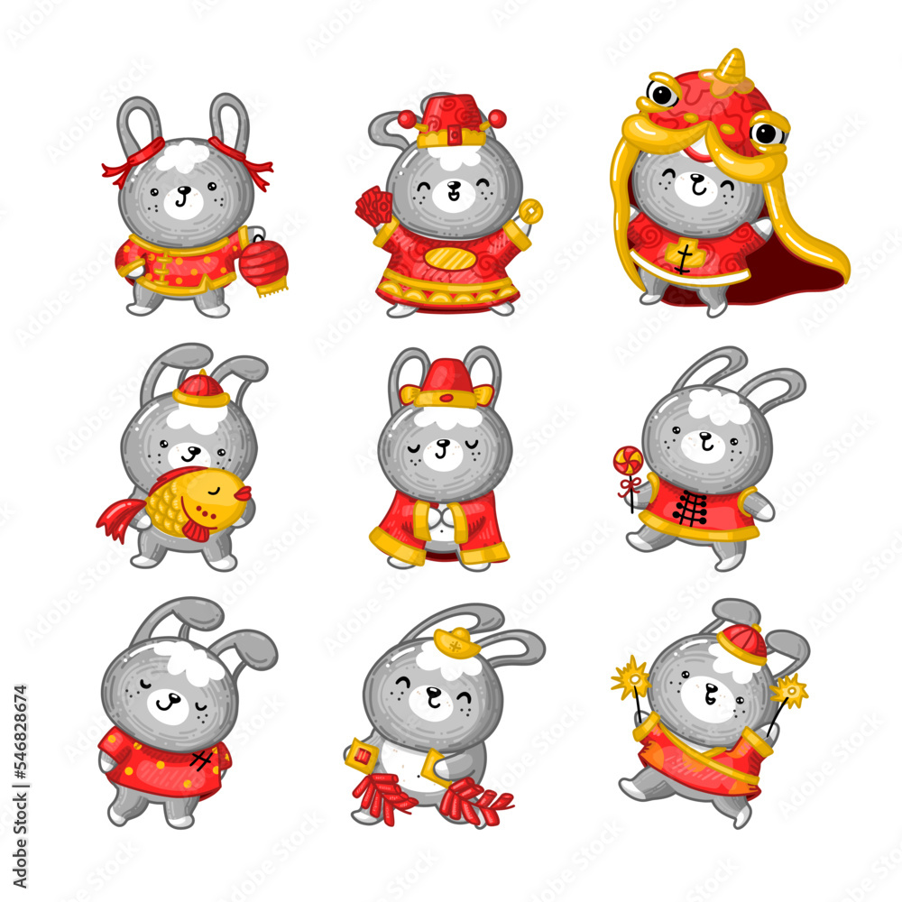 Set of Chinese rabbits in red costumes. There are symbols of Chinese ...