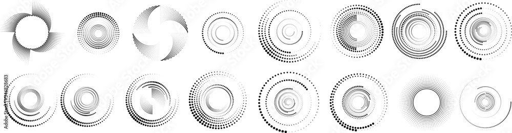 Design elements with circular halftone dots. Vector rotating dotted ...