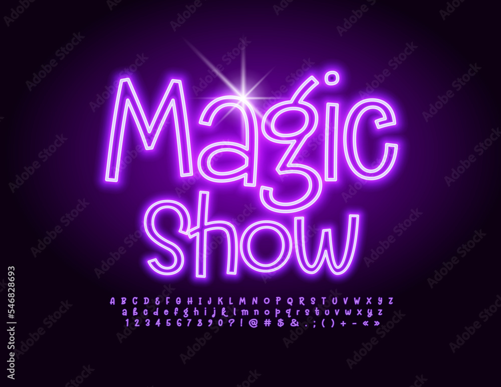 Vector glowing banner Magic Show. Violet playful Font. Funny Neon ...