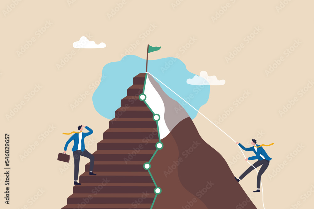 Easy and hard way to success, journey to achieve target or mission ...