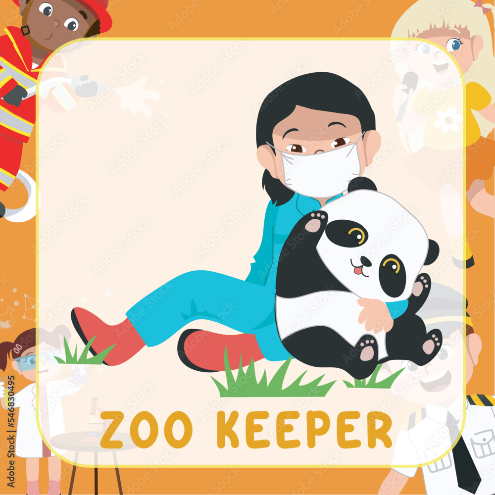 Colorful flashcard kids’ profession dream. A cute girl as a zookeeper ...