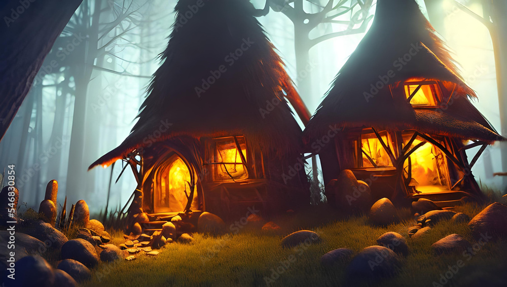 scary magic witch house / wizard hut made of wood with lighted windows ...