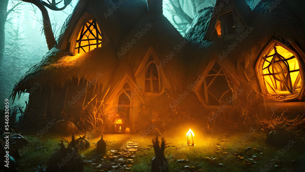 scary magic witch house / wizard hut made of wood with lighted windows ...