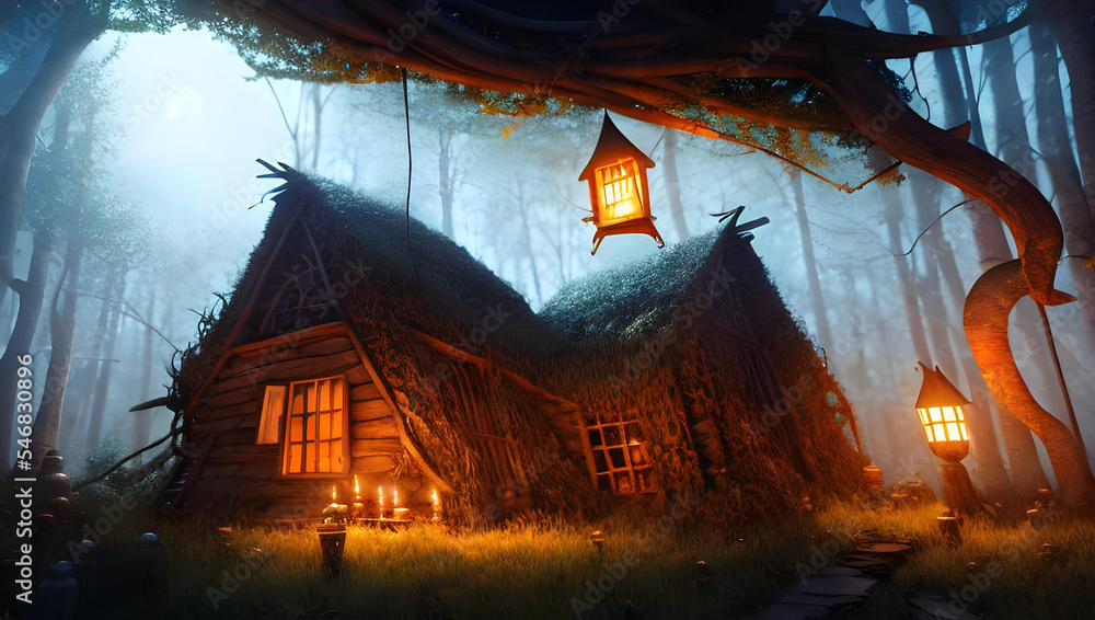 scary magic witch house / witch hut made of wood with lighted windows ...