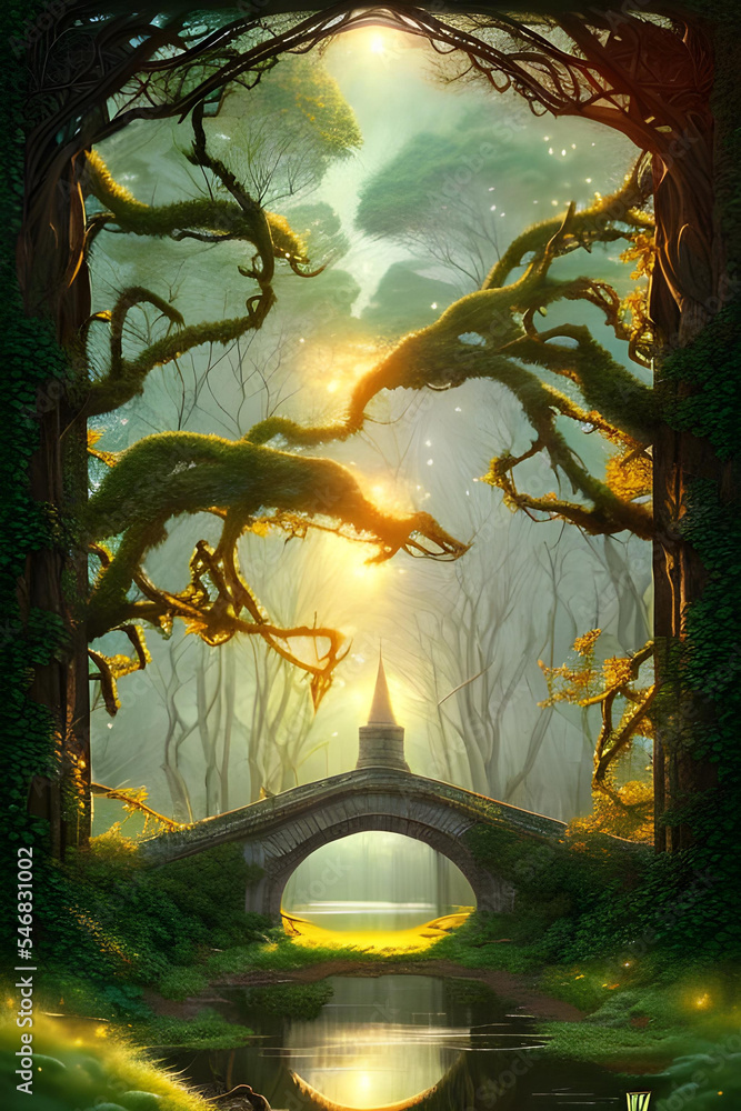 An old enchanted magical bridge covered with ivy leaves over a river ...