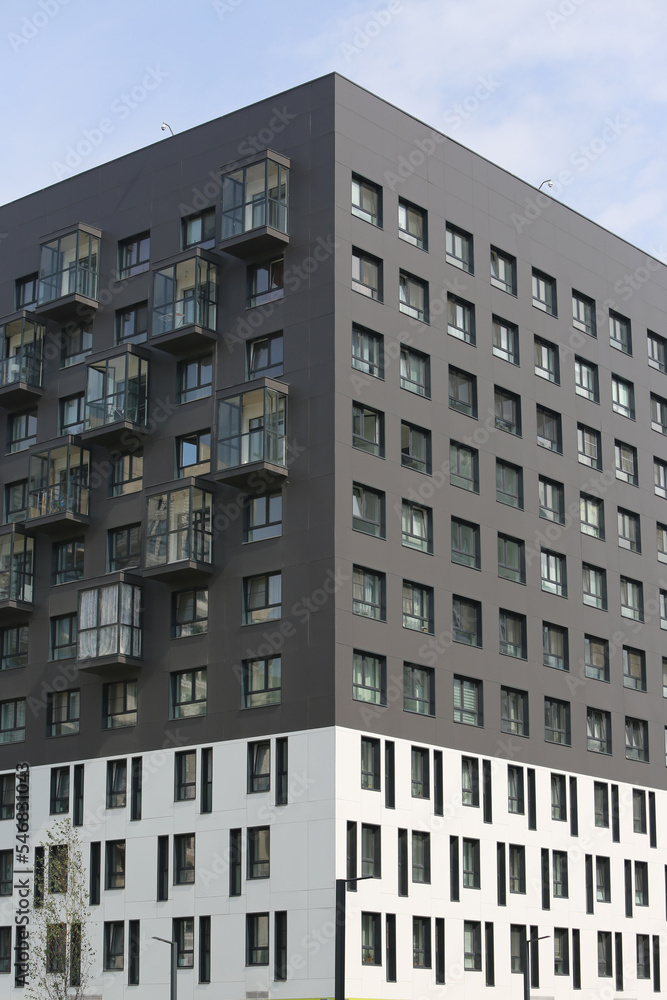 New building facade in housing complex "Green Park. PIK", Moscow city ...