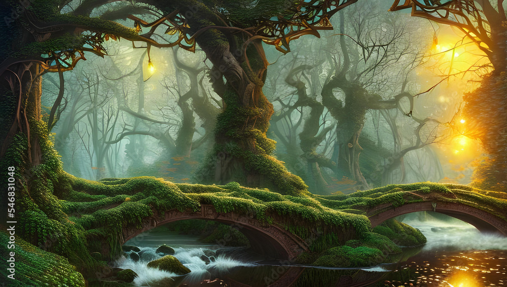 An old enchanted magical bridge covered with ivy leaves over a river ...