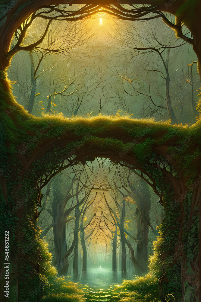 An old enchanted magical bridge covered with ivy leaves over a river ...