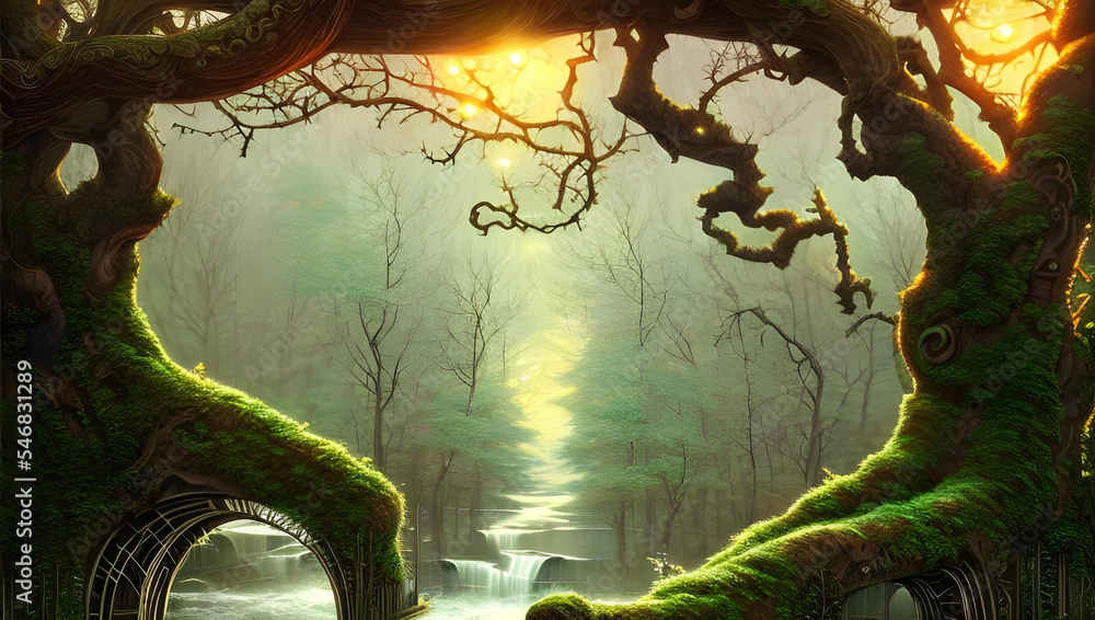 An old enchanted magical bridge over a river covered with ivy leaves ...