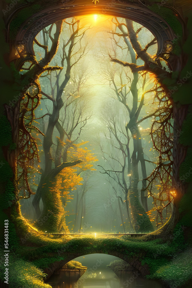 An old enchanted magical bridge covered with ivy leaves over a river ...