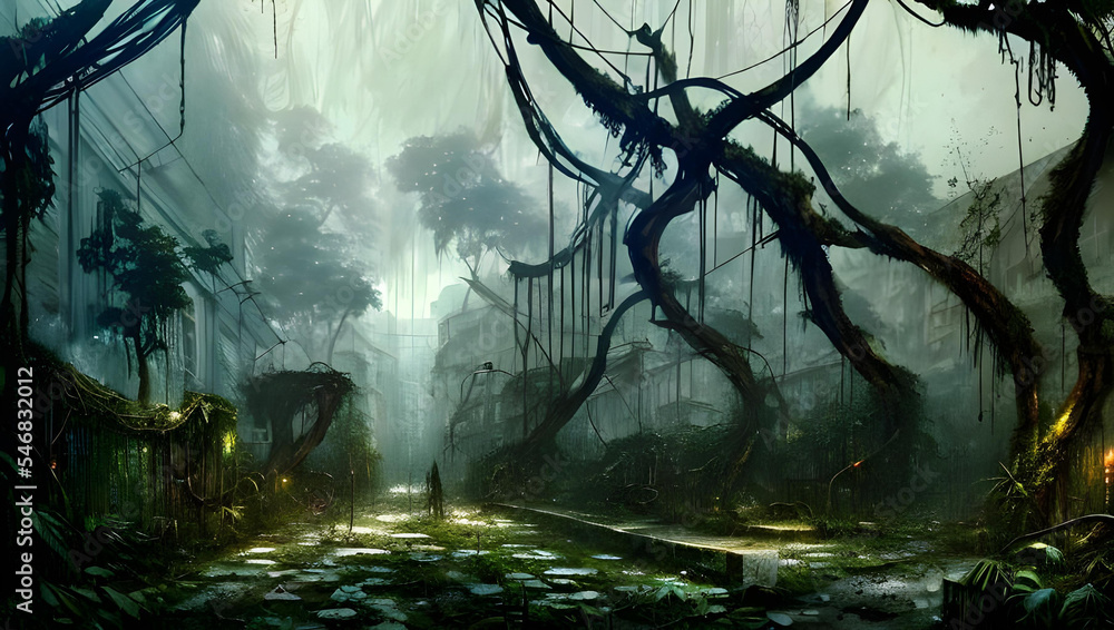 rotten / decayed streets in the city, overgrown with vegetation and ...