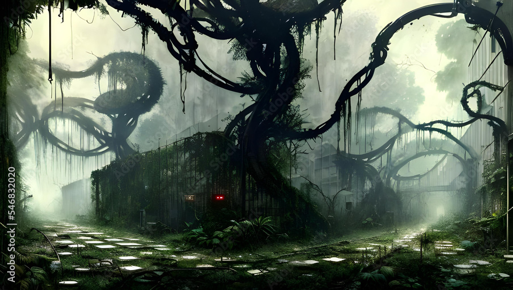 rotten / decayed streets in the city, overgrown with vegetation and ...