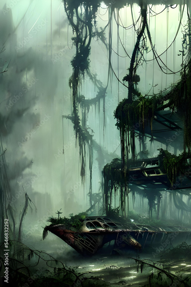 rotten / decayed boat / yacht, overgrown with vegetation and hanging ...