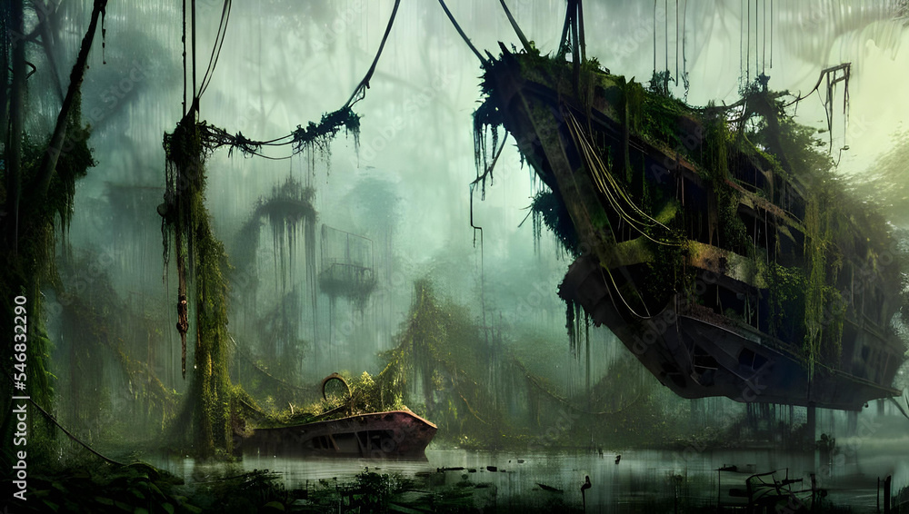 rotten / decayed boat / yacht, overgrown with vegetation and hanging ...