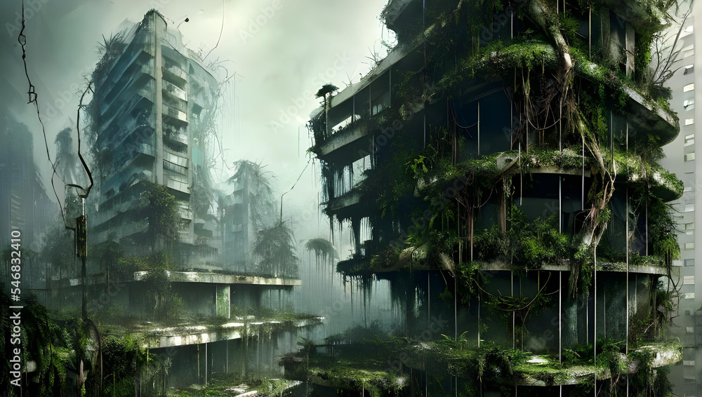 rotten / decayed city skyline with skyscrapers, overgrown with ...