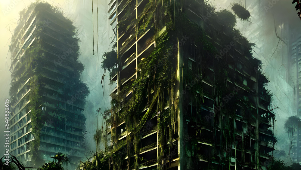 rotten / decayed city skyline with skyscrapers, overgrown with ...