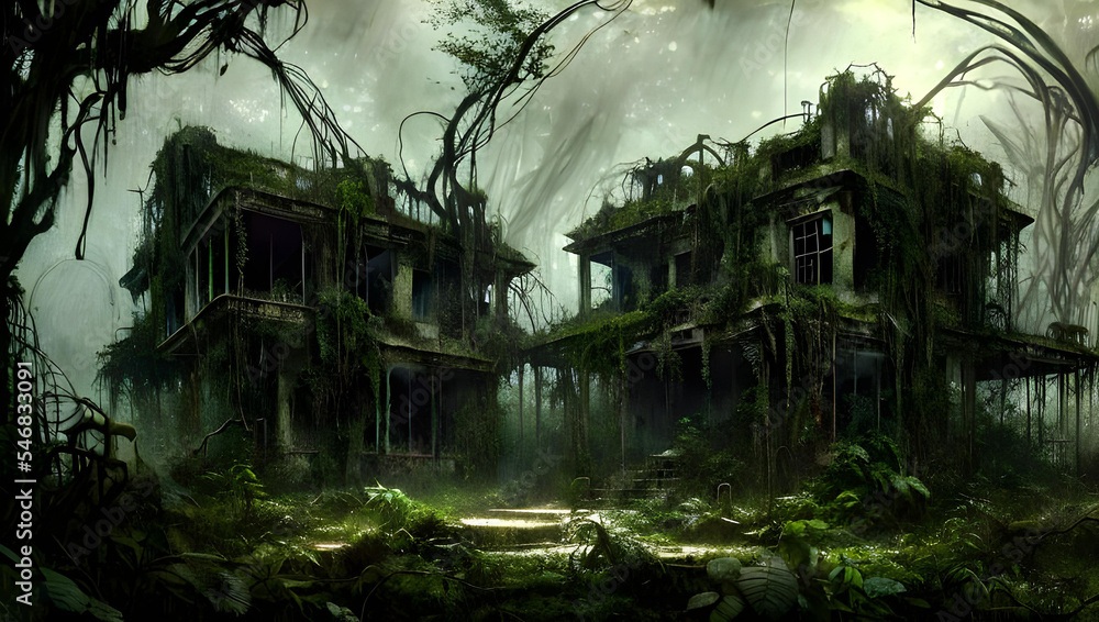 rotten / decayed house, overgrown with vegetation and hanging vines in ...