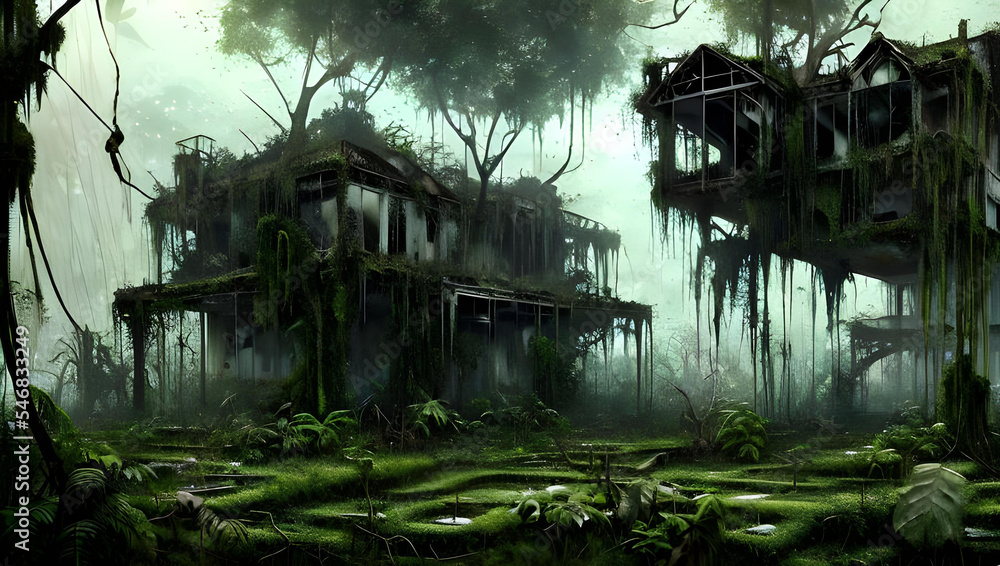 rotten / decayed house, overgrown with vegetation and hanging vines in ...