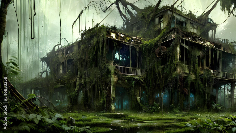 rotten / decayed mansion, overgrown with vegetation and hanging vines ...