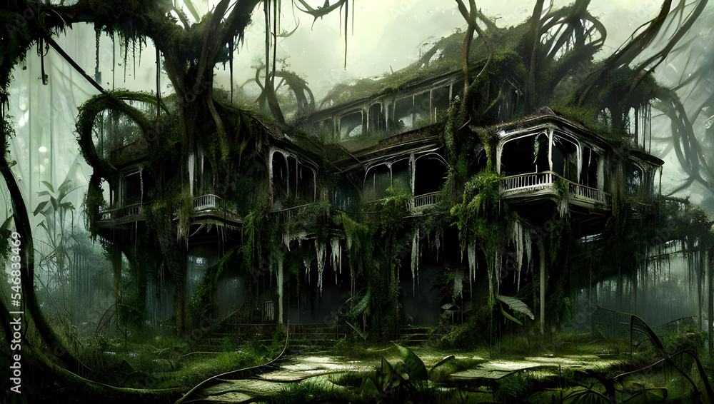 rotten / decayed mansion, overgrown with vegetation and hanging vines ...