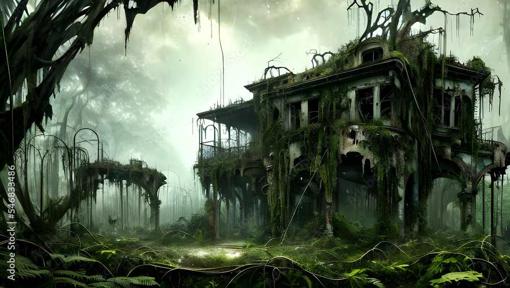 rotten / decayed house, overgrown with vegetation and hanging vines in ...