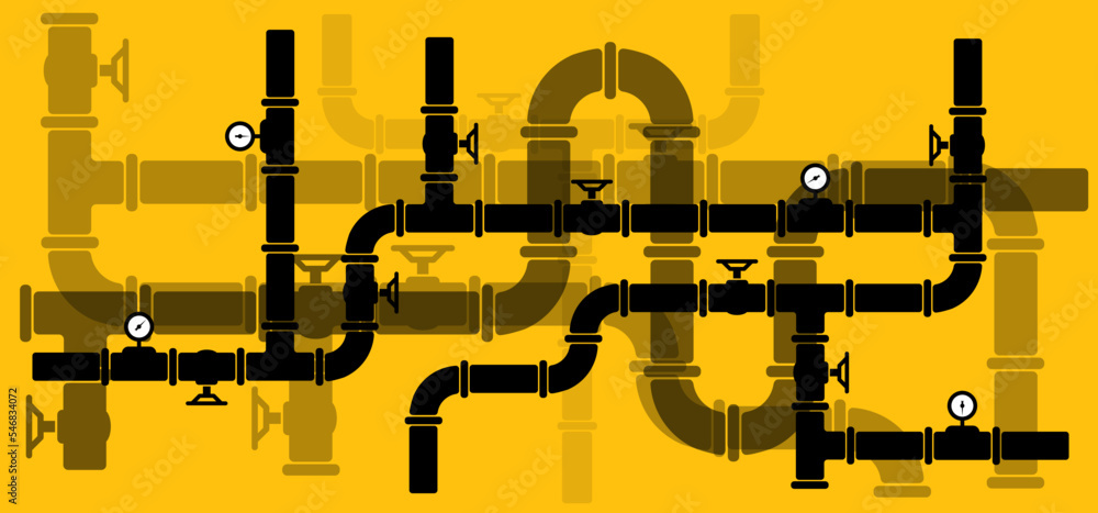 Water, oil or gas pipeline with fittings and valves. Pipeline and black ...