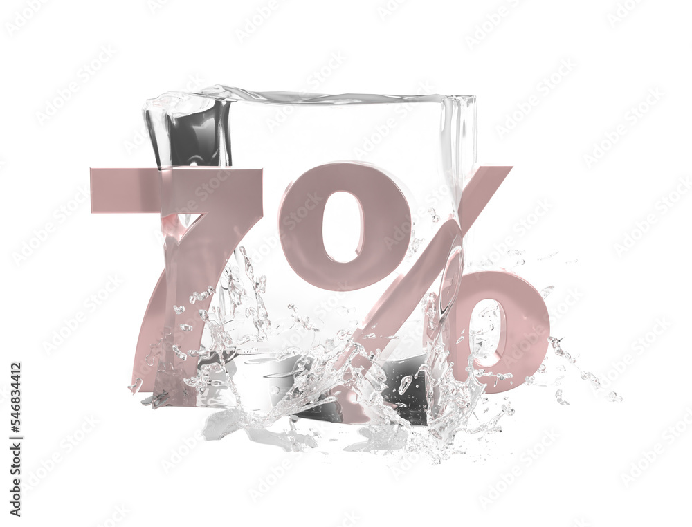 7 Percent in cube of melting ice and drop water on isolated background ...