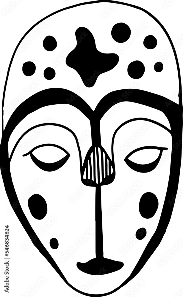 African tribal ritual mask. Doodle hand drawn outline simple art. Line ...