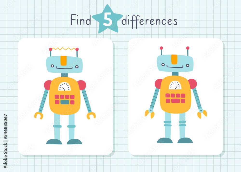 Find differences mini game for kids with cute robot. Funny game with ...