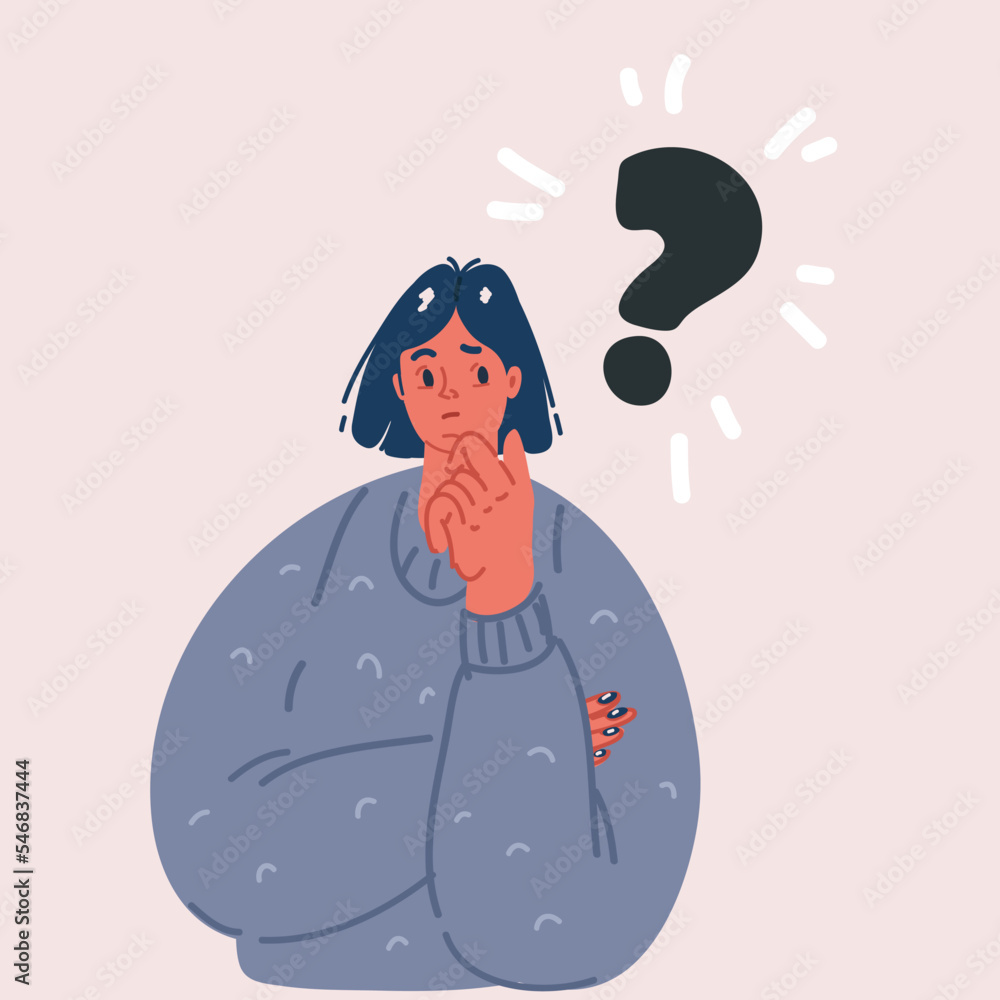 Vector illustration of Thinking girl. Beautiful face, doubts, problems, thoughts, emotions ...