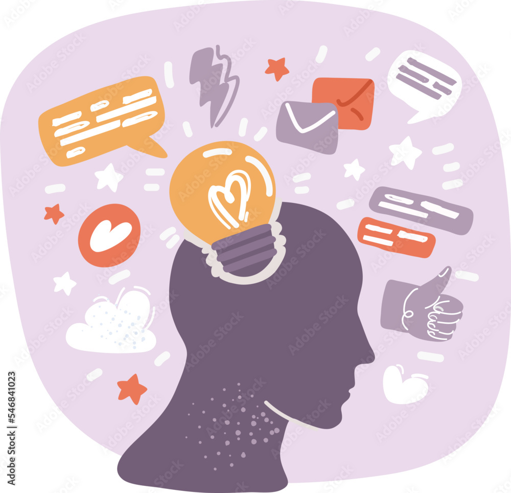 Vector illustration of Smart human head idea bulb light inside. Social ...