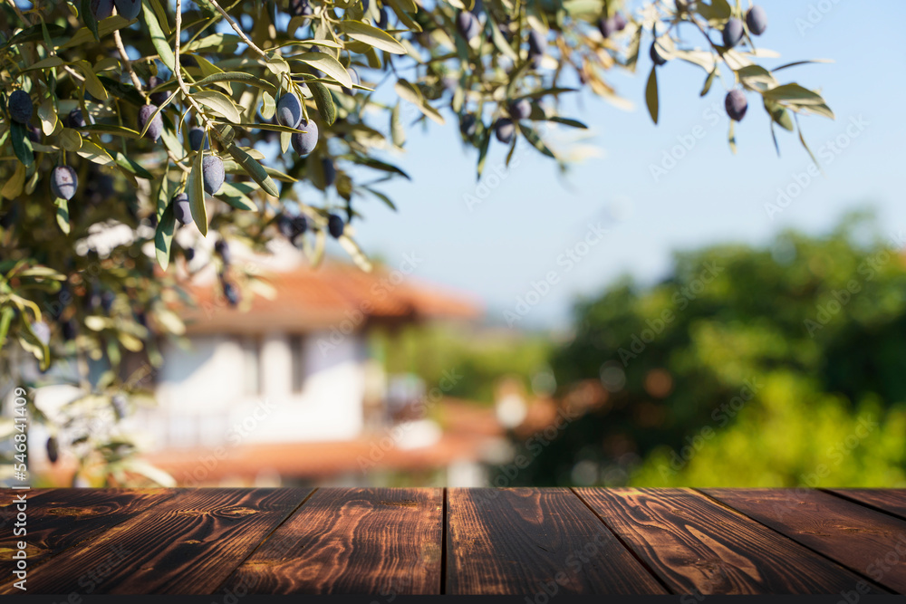 Wooden table on the background of olive trees and a farm garden. Summer ...