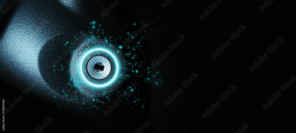 Car key hole for start ignition with a blue light glow and sparkle ...