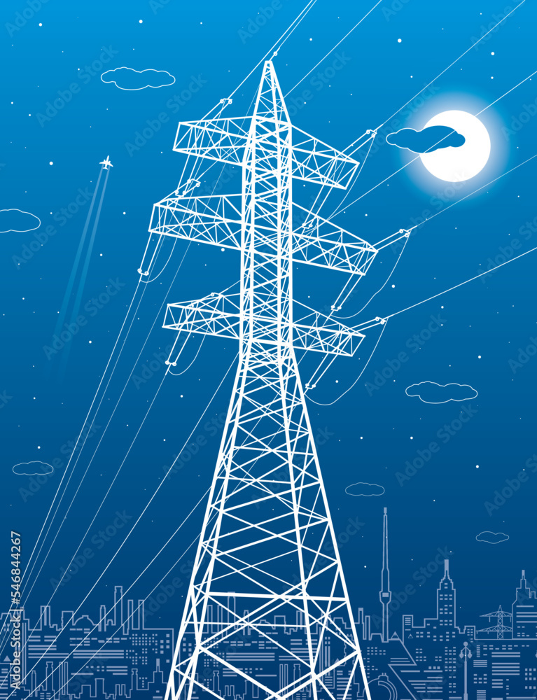 High voltage transmission systems. Electric pole. Power lines. A ...