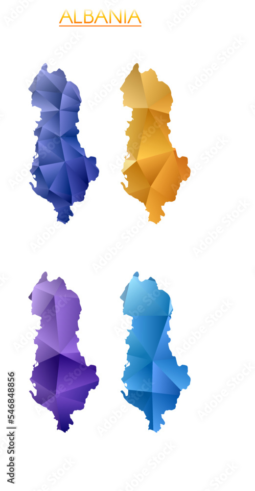 Set of vector polygonal maps of Albania. Bright gradient map of country ...